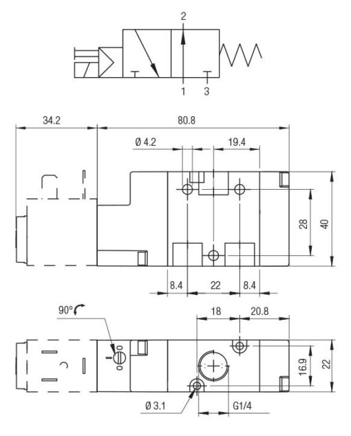 Jaotur 3/2, NO, 1/4 solenoidiga, monostabiilne, vedrutagastuv | Aircom
